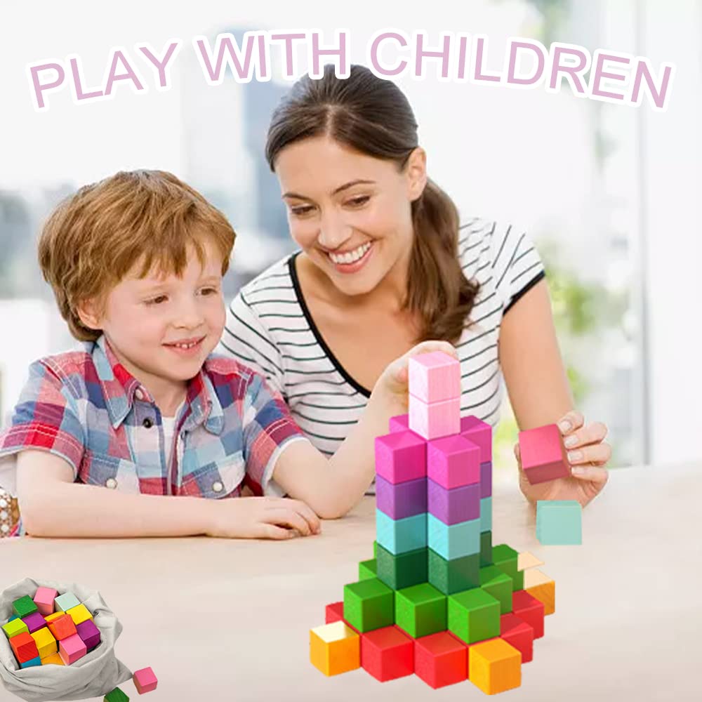 100Pcs Wooden Building Blocks Cube Blocks Rainbow Stacker Wood Blocks Stacking Blocks Game Montessori Toy with 43 Pattern Cards Wooden Base Plate and Storage Bag
