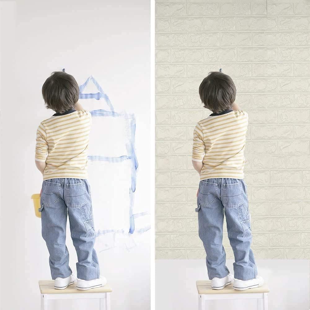 10PCS 3D Brick Wall Stickers, PE Foam Self-Adhesive Wallpaper Removable and Waterproof Art Wall Tiles for Bedroom Living Room Background TV Decor