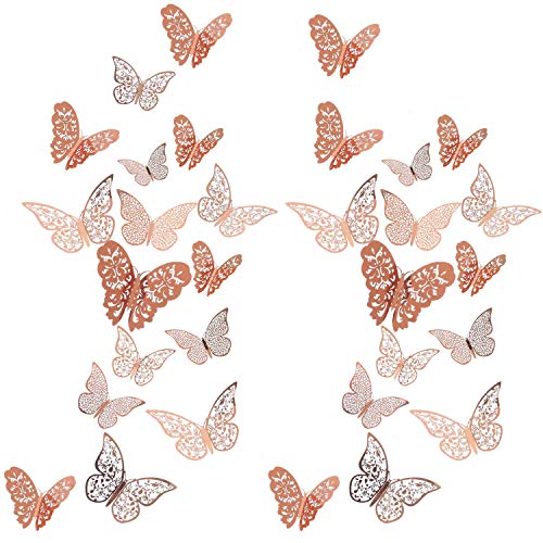 Senkary 72 Pieces (3 Sizes 3 Styles) Rose Gold 3D Butterfly Wall Stickers Wall Decorations Removable Metallic Paper Decals for Home Kids Bedroom Nursery Decor