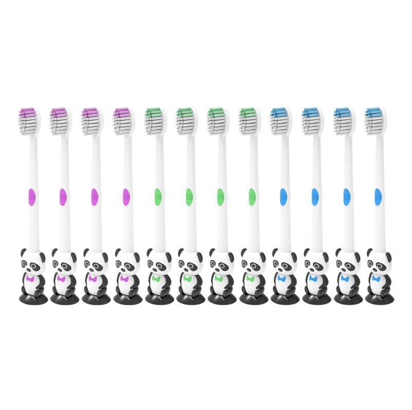 12 Pieces Kids Cartoon Panda Toothbrush Soft Bristles with Sunction Cup Individually Wrapped for Boys and Girls Toddler 3-12 Years