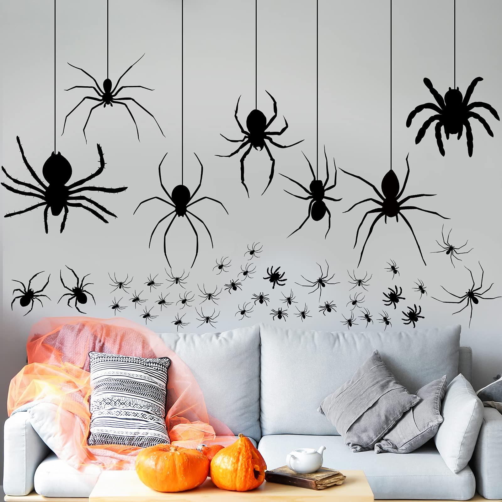 Thenshop 209 Pieces/4 Sheets Halloween Spider Stickers Large Spider Stickers Spider Style Wall Decal Removable Scary Spider Stickers Halloween Wall Clings for Halloween Party Wall Home Room Decors