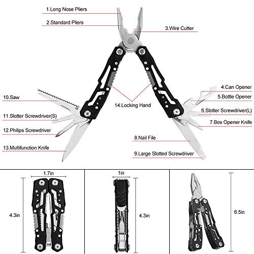 14-In-1 Multitool with Safety Locking, Professional Stainless Steel Multitool Pliers Pocket Knife, Bottle Opener, Screwdriver with Nylon Sheath ,Apply to Survival,Camping, Hunting and Hiking