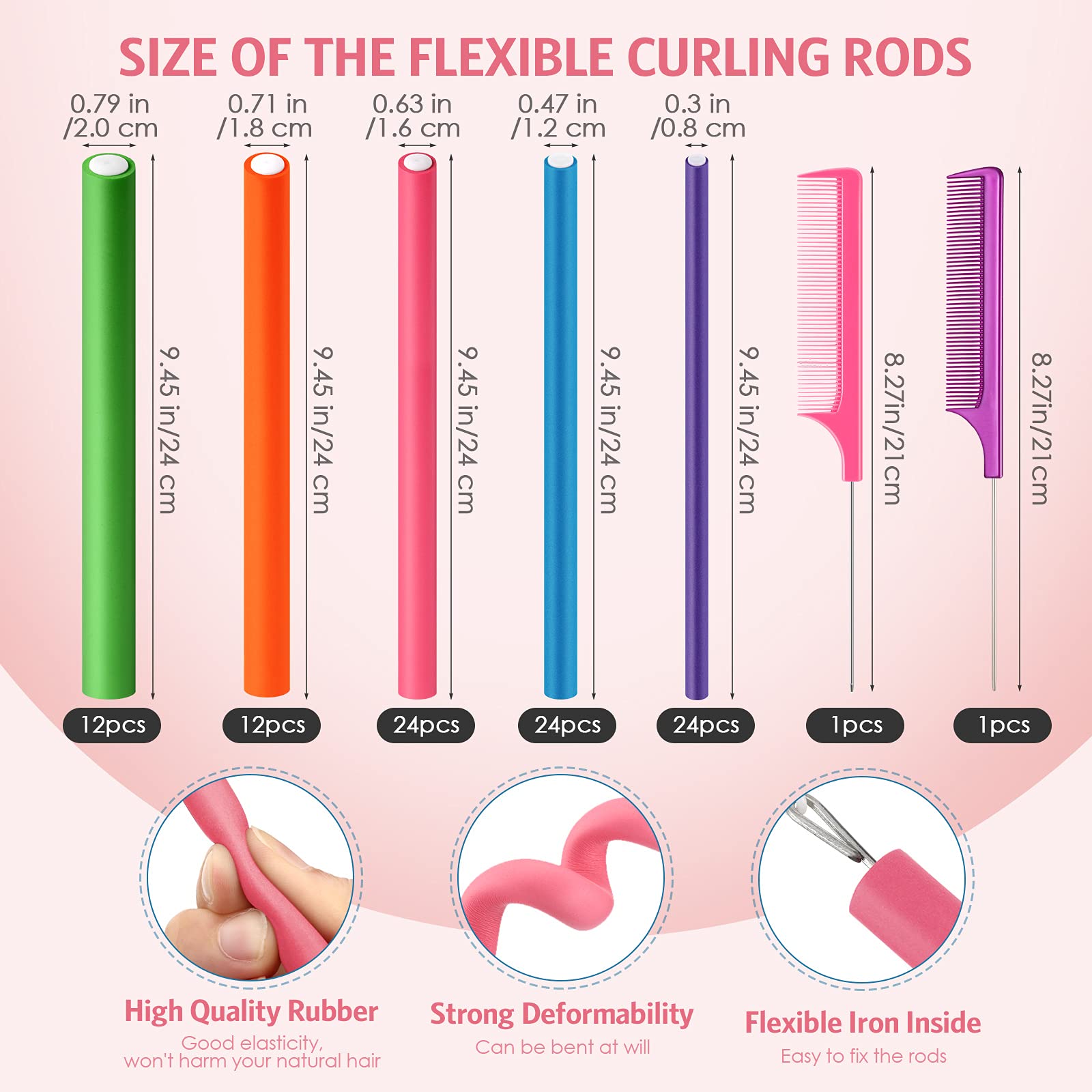 Tigeen Flexible Soft Twist Foam Hair Rollers - 96 Pieces, 9.45 Inch, No Heat, with 2 Rat Tail Combs for Women (Multi Size, Multi Color)