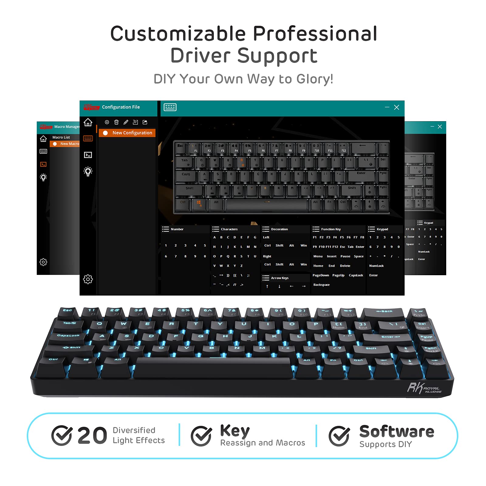 RK ROYAL KLUDGE RK68 Wireless Hot Swappable 65% Mechanical Keyboard, 68 Keys Compact BT5.0 Gaming Keyboard with Stand-Alone Arrow/Control Keys, Black, Quiet Red Switch