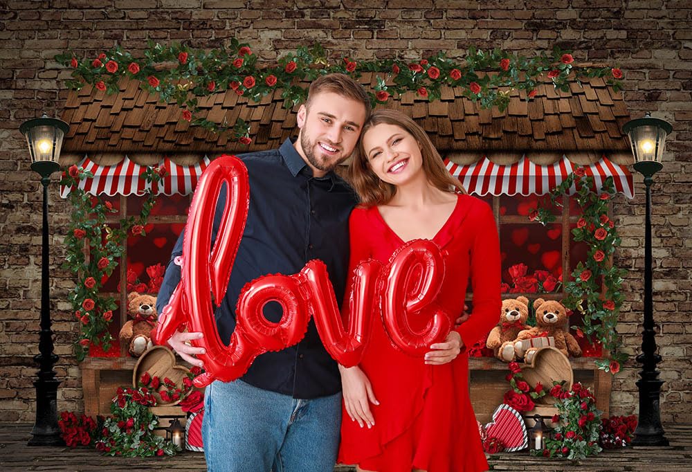 Avezano Valentine's Day Photography Backdrop Red Rose Brick Wall Valentine Portrait Background Flower Shop Love Wedding Bridal Shower Backdrops Photo Studio (7x5ft)