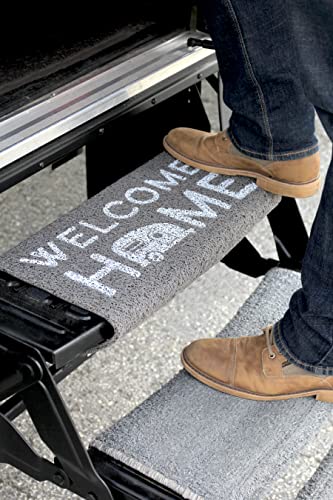Camco 53196 Life is Better at The Campsite RV Wrap Around Step Rug, Fits 18-inch Wide Steps - for Manual and Electric RV Steps - Features a Gray Mat with a White Welcome Home Retro RV Print
