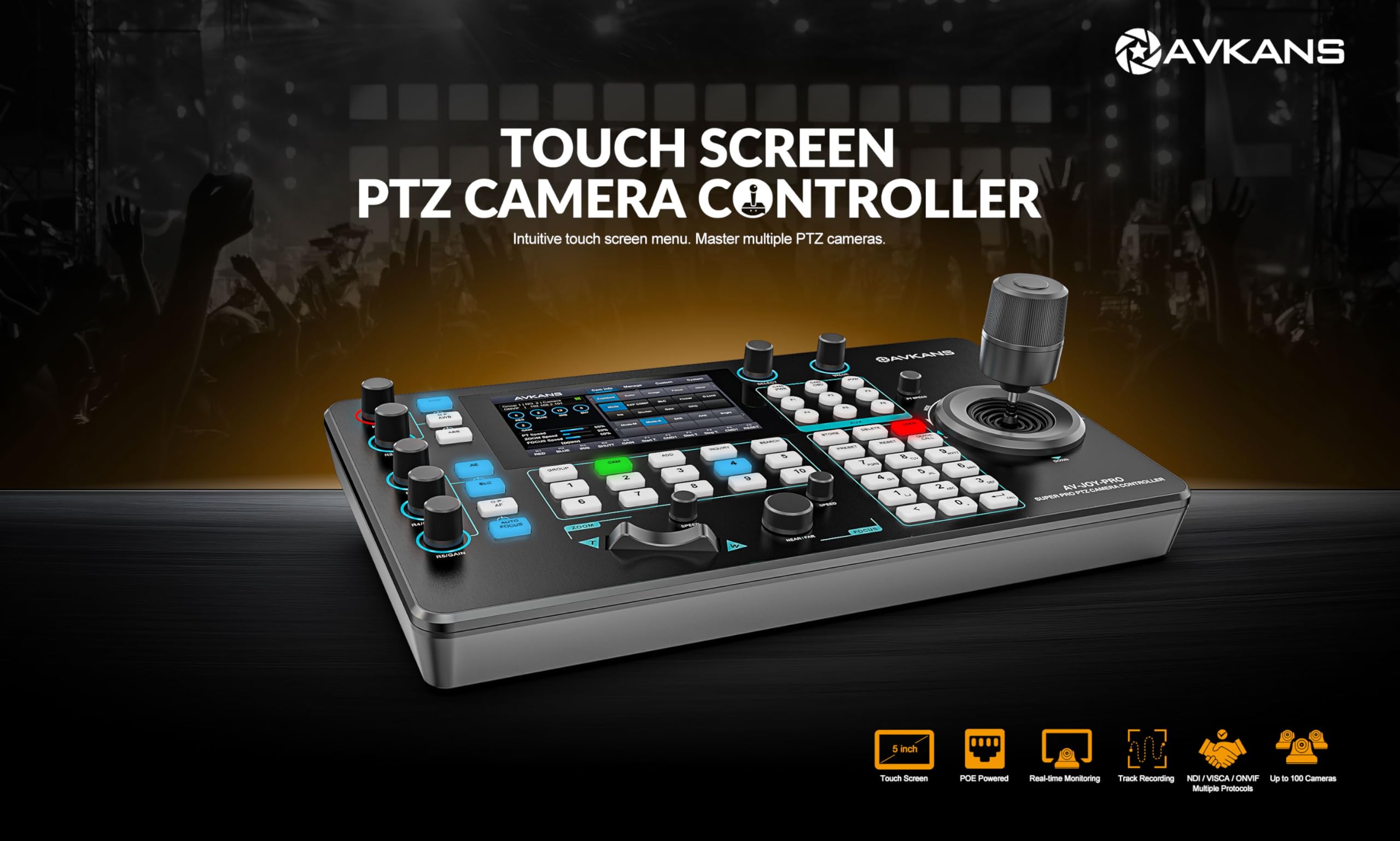 AVKANS Pro PTZ Camera Joystick Controller with 5-inch Touch Preview LCD, IP NDI Camera Controller Keyboard with 4D Joystick for Worship Church Live Streaming Video Production, PoE Enable