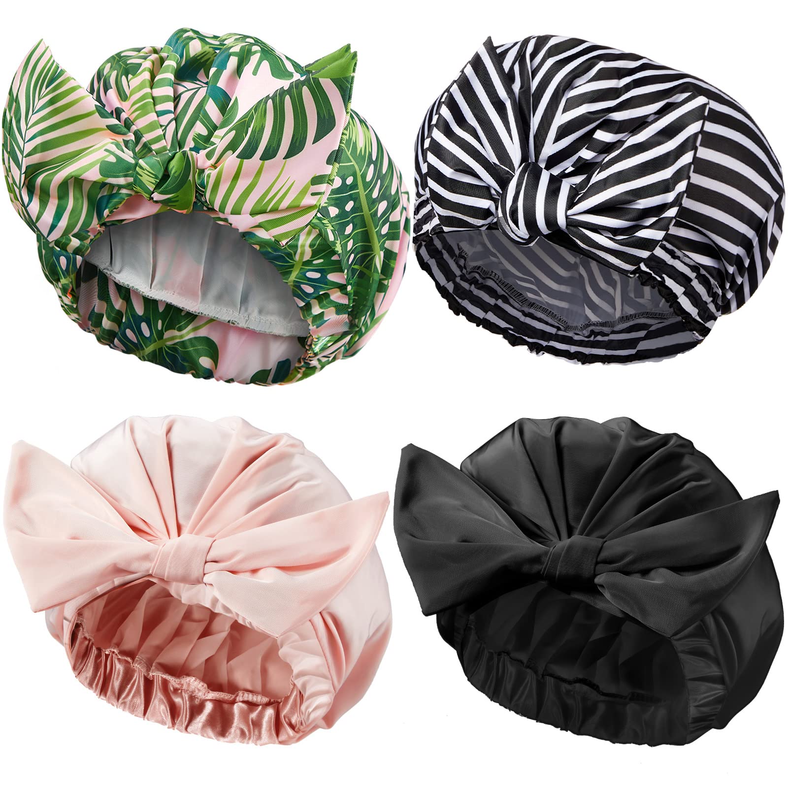 4 Pieces Shower Caps for Women, Waterproof Reusable Shower Hair Caps Elastic Hem Turban Shower Bath Caps Bowknot Satin Bath Hair Caps for Long Short Curly Hair (Stripe, Black, Beige,Palm Leaves)
