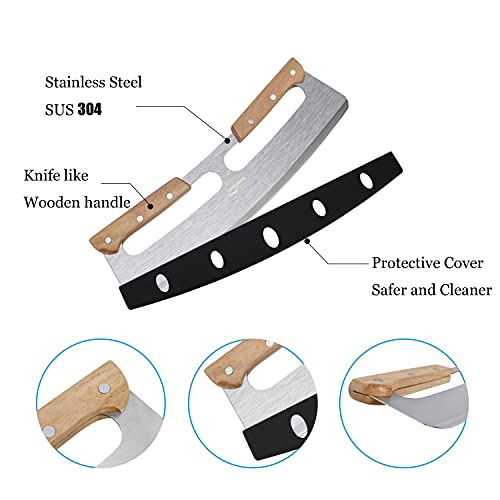 14" Premium Pizza Cutter Rocker Style AKGUNDA , Very Sharp Stainless Steel Pizza Knife Slicer Blade with Cover, Safer with Double Wooden Grip, Chopper Suitable for Cakes all Types of crusts