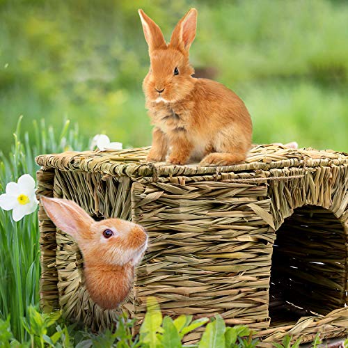 BWOGUE Extra Large Grass House for Rabbits,Hand Crafted Natural Grass Hideaway Foldable Bed Hut with Openings Playhouse for Bunny Guinea Pig Chinchilla Ferret for Play and Sleep