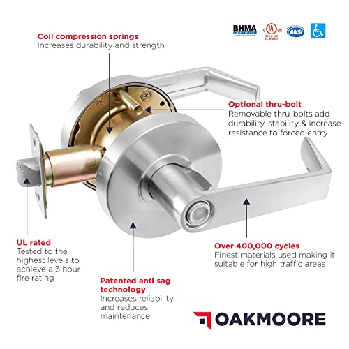 OAKMOORE Commercial Bathroom Door Handle (Privacy) – Heavy Duty Commercial Door Lock for Schools Offices Industrial Standard – Grade 2 UL CUL & ADA – Nickel Chrome – ANSI A156.2