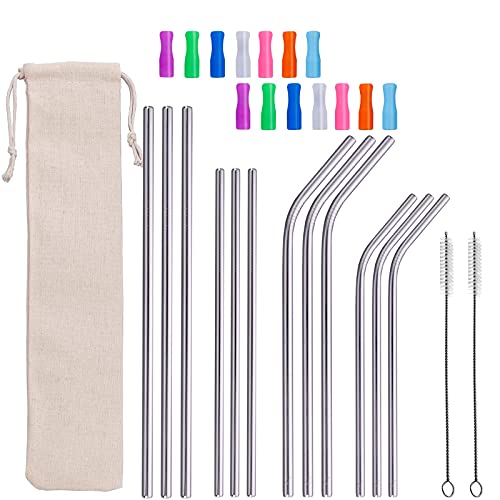 12-Pack Reusable 18/10 Stainless Steel Metal Straws with Silicone Tips & Cleaning Brush, Suotarn Long Drinking Straws for 20 24 30 oz Coffee Tumbler Travel Mug Cup, Dishwasher Safe, Silver
