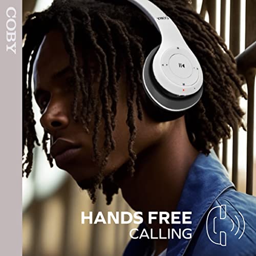 Coby Bluetooth Headphones | Wireless Headphones with Built-in Mic, Hands-Free Calling | Over The Ear Foldable Bluetooth Headset for Easy Storage | Up to 5 Hours of Playtime | Supports AUX in (White)