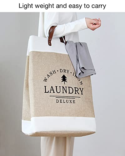 AMZTOP Linen Clothes Hamper Patchwork Collapsible Laundry Basket with Leather Handles for Storage Toys and Clothing in Bedroom, Bathroom Foldable Laundry Hamper 68L