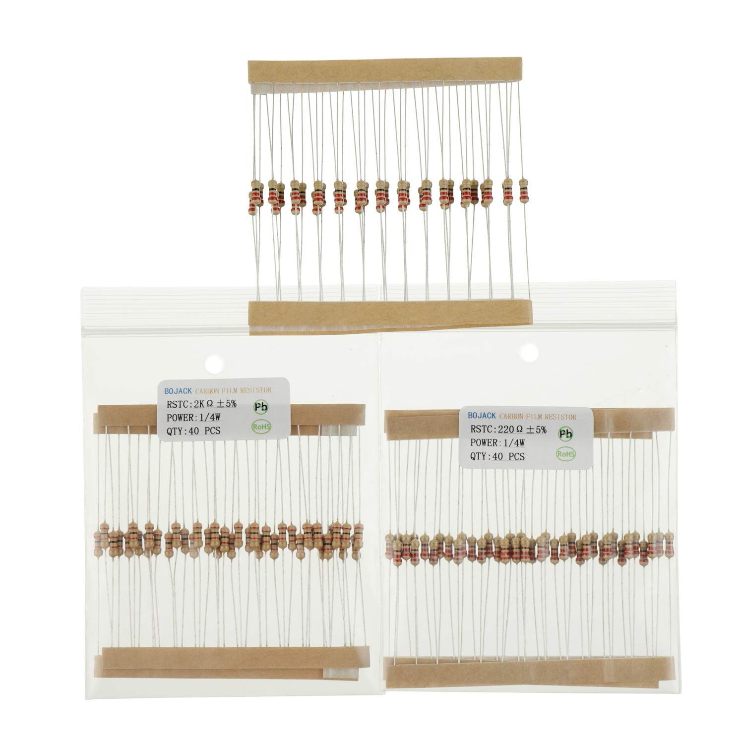 BOJACK 1000 Pcs 25 Values Resistor Kit 1 Ohm-1M Ohm with 5% 1/4W Carbon Film Resistors Assortment