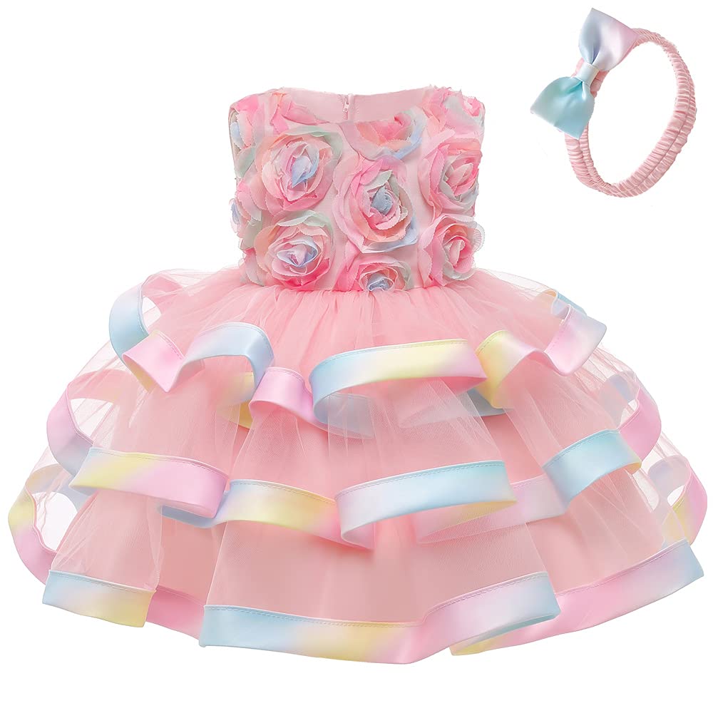 Formal Prom Pageant Wedding Girls Dresses A-line Knee Length Tutu Ruffle Lace Dress Princess Party Infant Baby Birthday Dress 12M 18M Pink 90