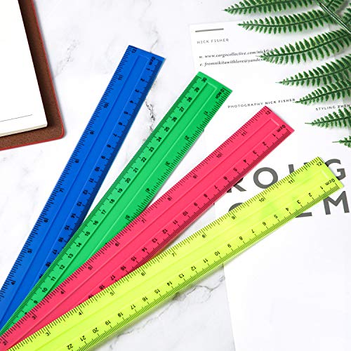 20 Pack Plastic Ruler 12 Inch Straight Ruler with Inches and Metric Bulk Rulers for School Classroom, Home, or Office (Colorful)