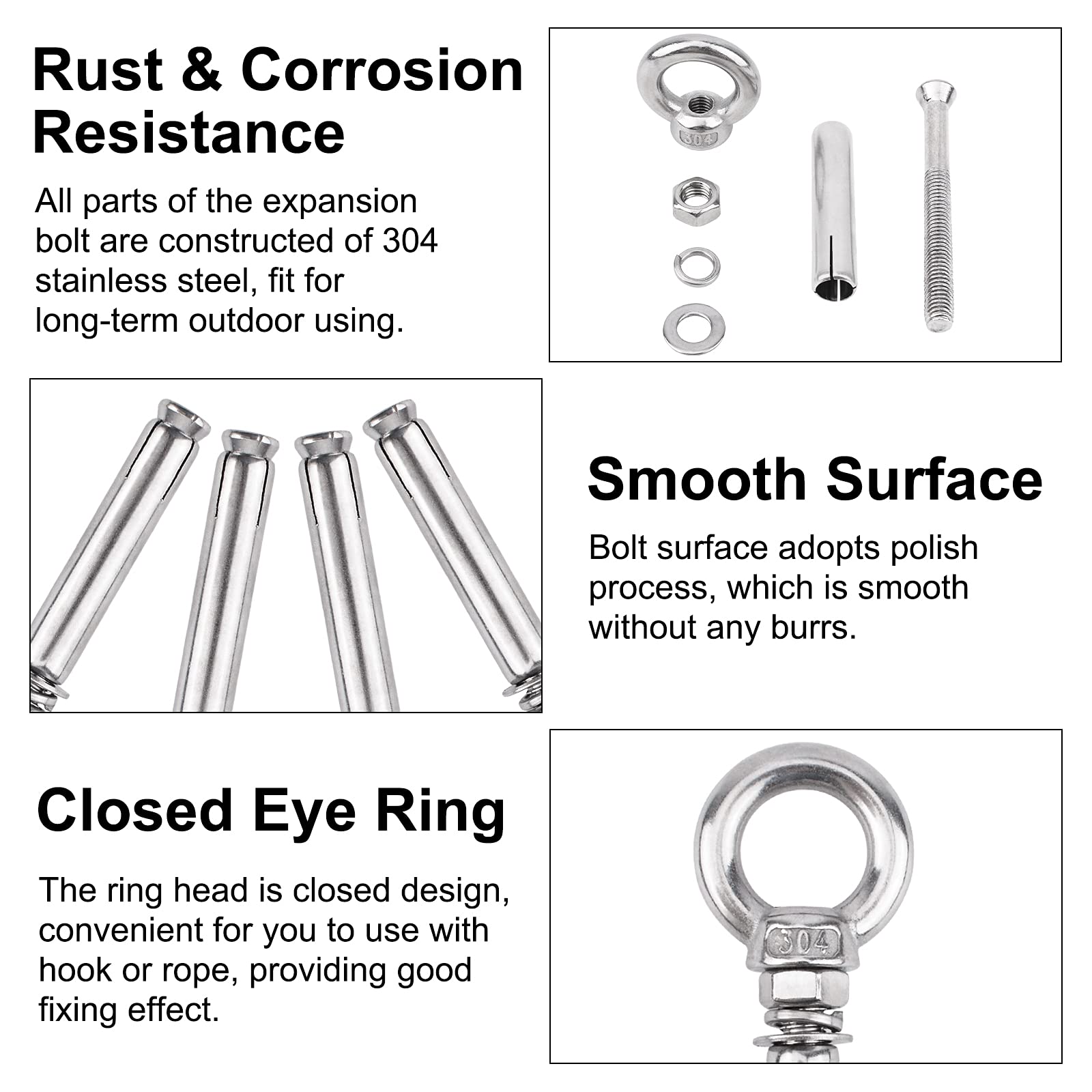 INCREWAY Expansion Bolt, 4 Pcs 304 Stainless Steel Ring Lifting Anchor Eyebolt Expansion Screw with Ring Closed Hook Internal Expansion Bolt Fastner for Concrete Wall, M8 x 80mm
