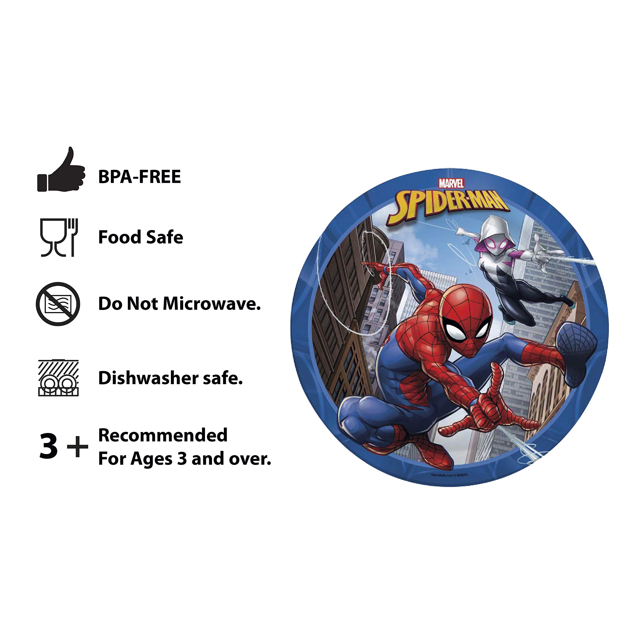 zak! 5-Piece Dinnerware Set, Marvel Spider-Man - Durable Plastic & Stainless Steel - Includes Tumbler, 8-Inch Plate, 6-Inch Bowl, Fork & Spoon - Suitable for Kids Ages 3+
