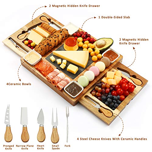 Cheese Board Set & Knife Set,Wood Charcuterie Boards,Cheese Tray with Cutlery in Double Slide-Out Drawer,Cheese Plates for Charcuterie,Wine,Crackers, Brie,Meat,Gift for Valentine,Wedding,Housewarming