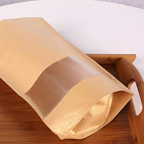 FireKylin 100 Pcs Resealable Bags,3.5" x 5.5" Stand Up Kraft Paper Bags with Matte Window, Zip Lock Food Storage Bags for Packaging Products, Reusable, Sealable