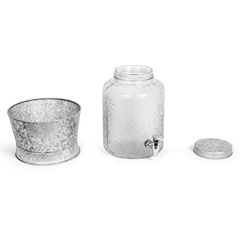 BirdRock Home 2.5 Gallon Pebbled Glass Beverage Dispenser with Galvanized Stand - Lid - Spigot - Decorative Round Jar for Drinks - Lemonade Sangria Tea Water Drink Jar Jug - Home Parties