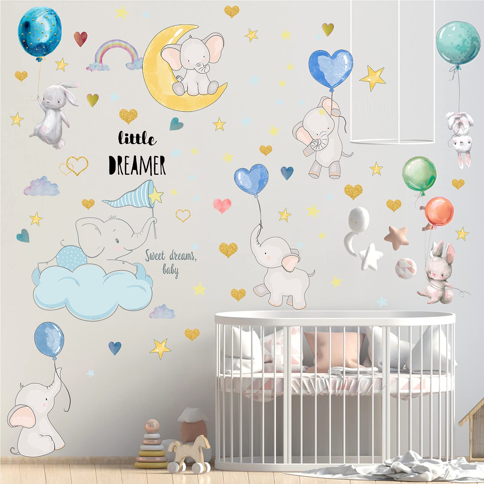 3Sets Cartoon Elephant Rabbit Wall Decals, HOLENGS Cute Balloons Flying Animals Wall Stickers, Stars Removable DIY Wall Decor for Kids Girls Baby Bedroom Classroom Nursery Home Decoration