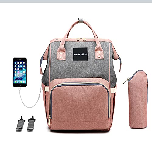 Uawesome Diaper Bag Backpack, Baby Bags, with Bottle Bag, USB Charging Port, Water Resistant and Stylish (Pink)
