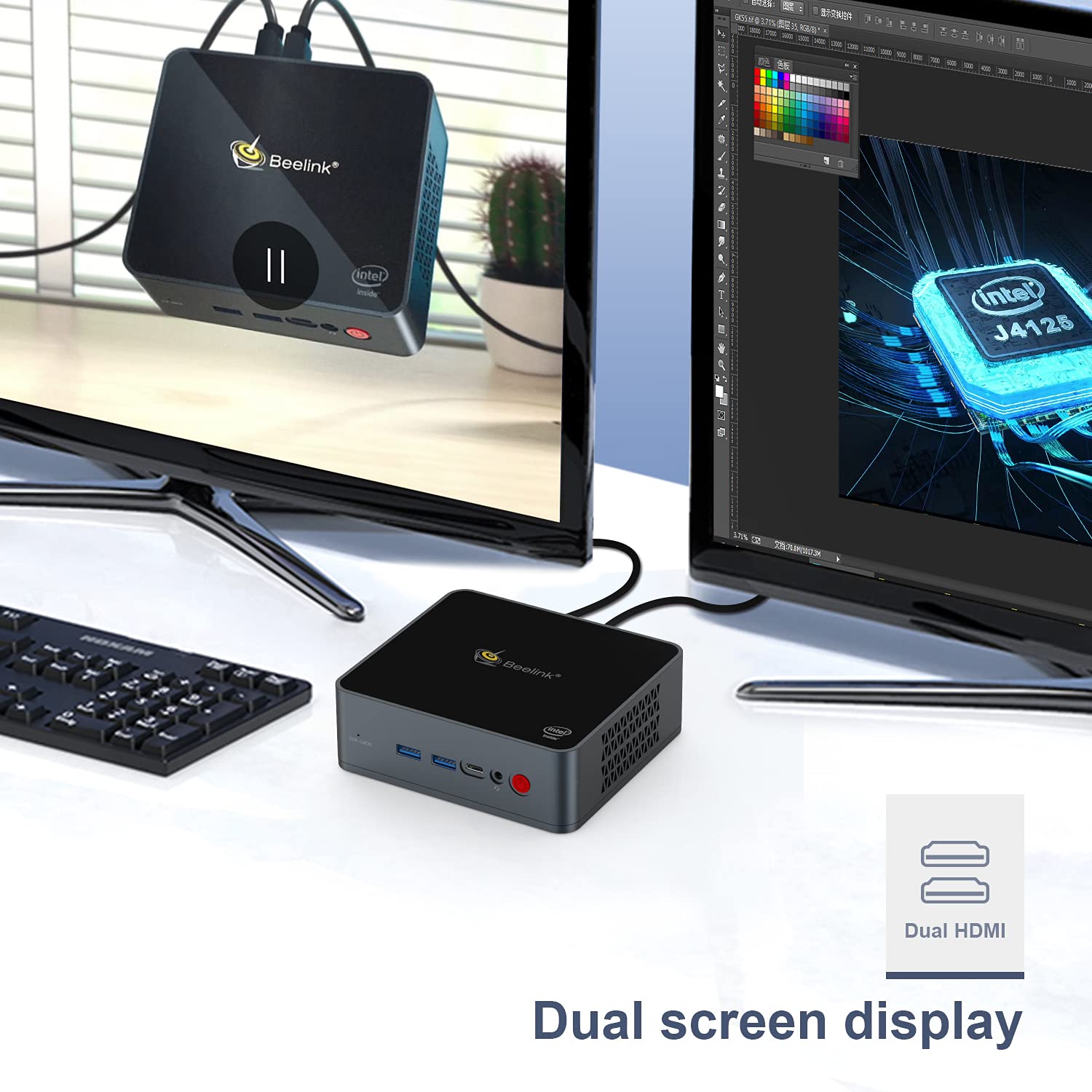 Beelink Mini Pc GK55 8GB DDR4 256GB SSD Intel J4125(4C/4T 4MB Cache Up to 2.7GHz), Mini Computer Supports 4K Dual HDMI Output / 2.4G+5G WiFi/ BT4.0/2.5" HDD Extension/Dual Gigabit Ethernet
