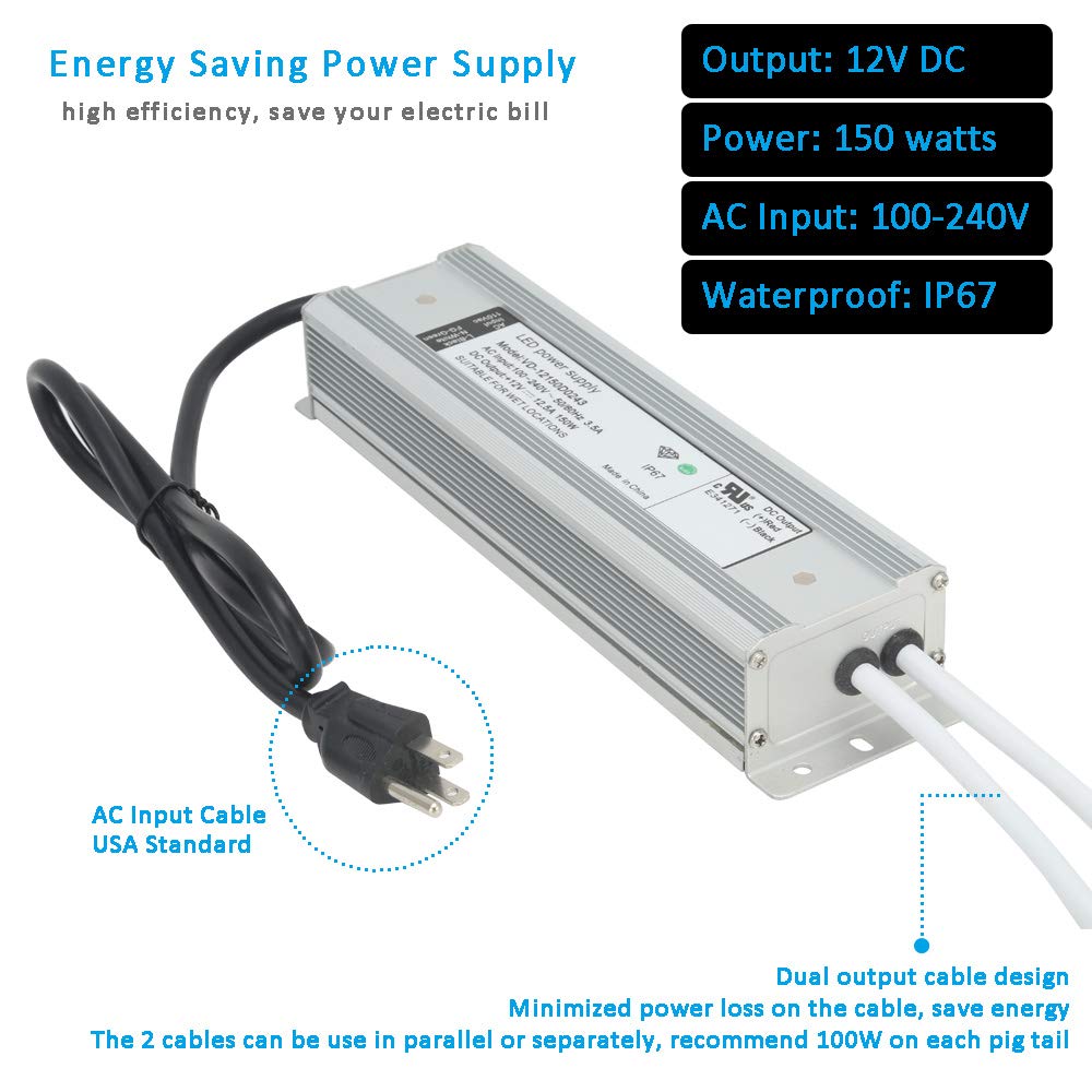 12V LED Driver 150 Watts 110V to 12 Volt Power Supply Waterproof IP67 Transformer 150W 12V DC LED Power Supply AC to DC Converter with 3 Prong Plug, 120V AC to 12V DC Power Adapter Low Voltage