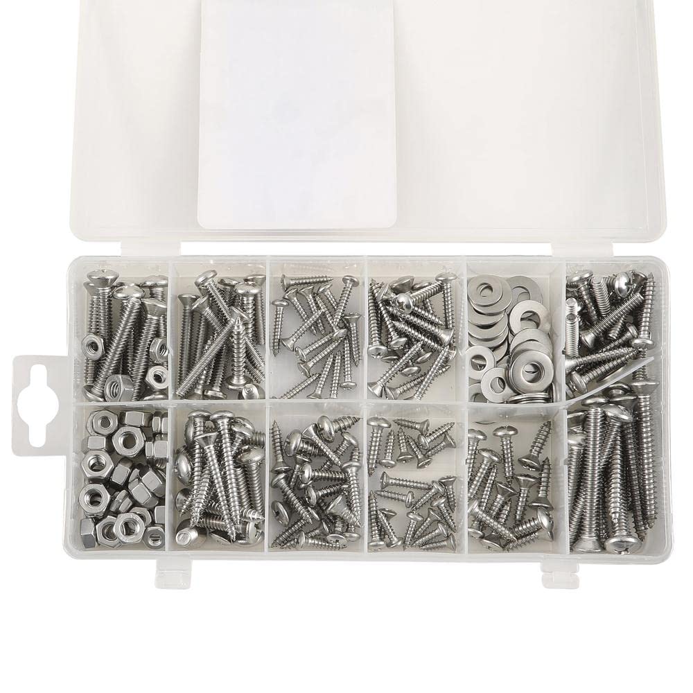 226 Pieces Stainless Steel Sheet Metal Screw Assortment & Machine Screws 36 Different Sizes of Flat, Oval, Pan, Hex Head Phillips Self Tapping Screws Hardware for Wood, Metal or Fiberglass