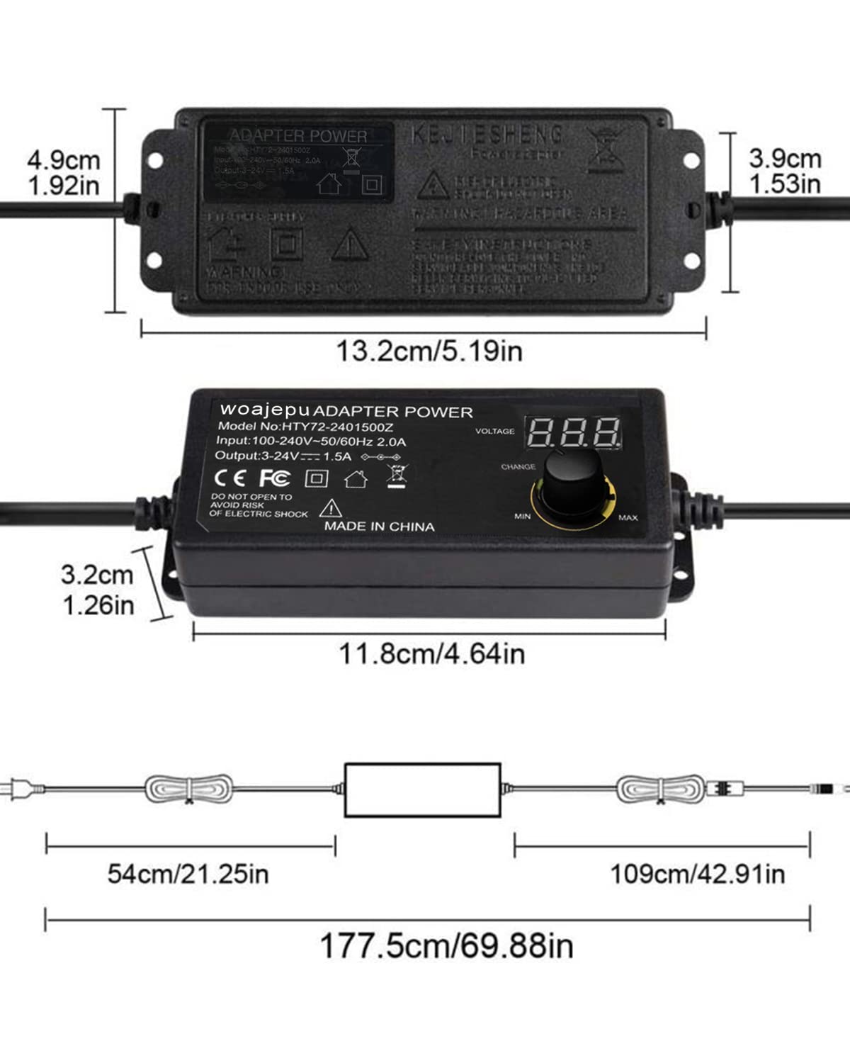 3V ~ 24V 2.5A 60W Power Supply with Volt Diaplay Adjustable DC 3V 5V 6V 9V 12V 15V 16V 18V 19V 20V 24V Variable Universal AC/DC Adapter 100V-240V AC to DC Converter with 8 Selectable Adapter Tips
