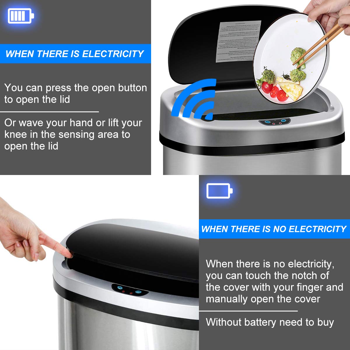 Dkelincs Touchless Trash Can for Kitchen Bathroom Bedroom Home Office, 13 Gallon Automatic Stainless Steel Garbage Can with Lid