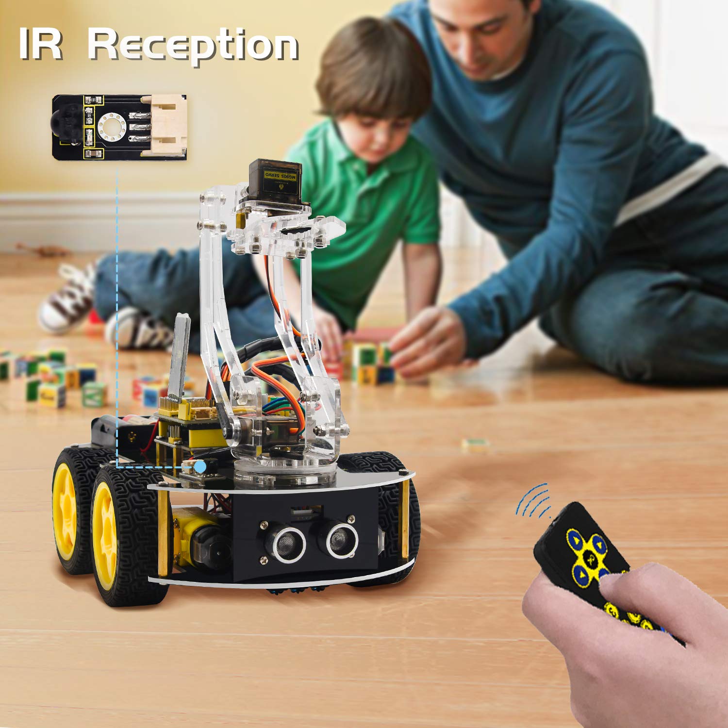 KEYESTUDIO 4WD Bluetooth Smart Car Robot Arm Building Starter Kit for Arduino ,for Uno R3 Programmable Robotics Coding Kit DIY Set for Student Adults 15+