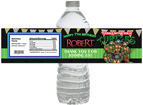 10 Cowabunga Turtles Birthday Party Black and Green Custom Ninja WATER BOTTLE LABELS Party Favors Any Age