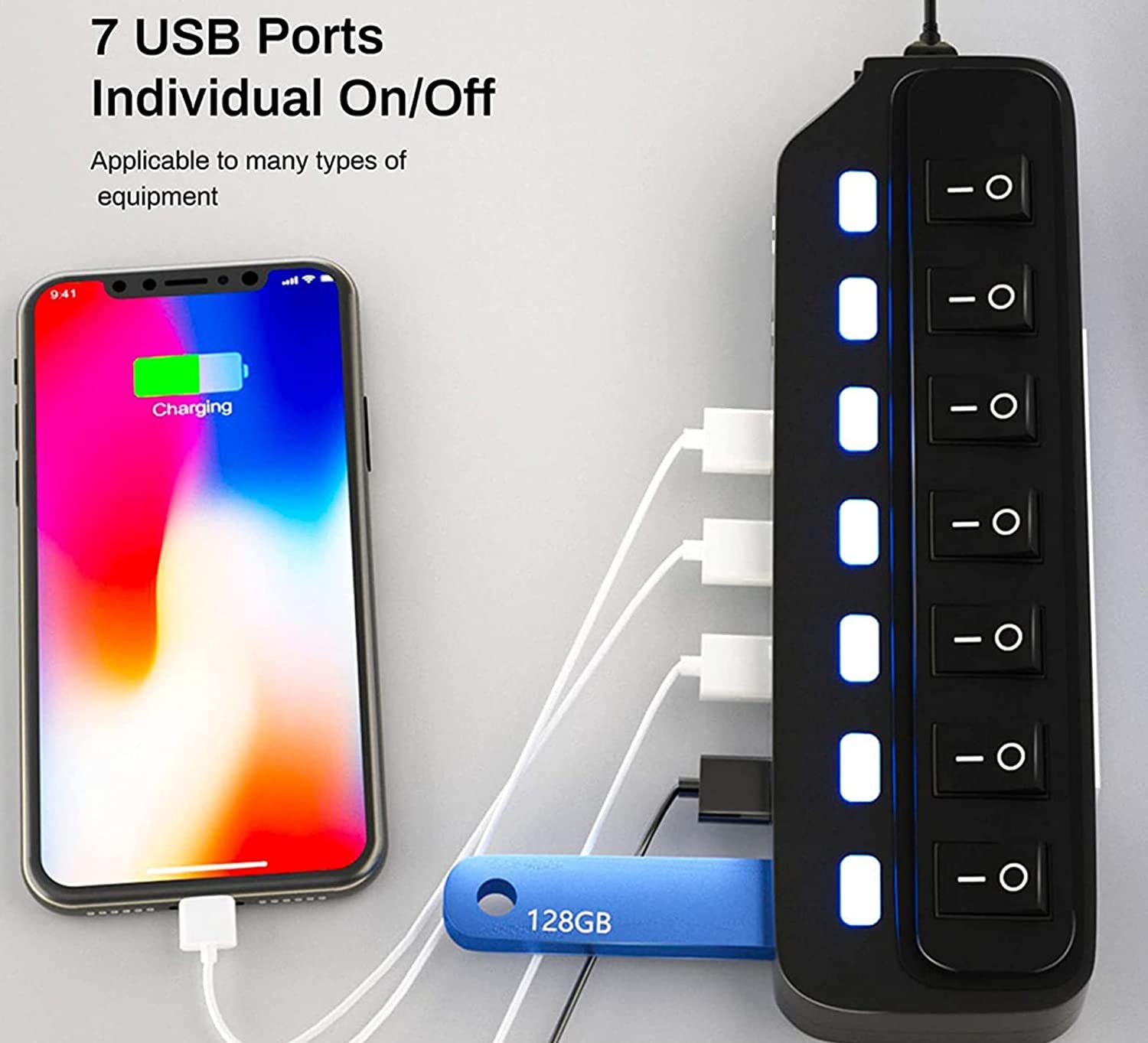 HOMELINKX SQUARE - USB HUB 3.0 Powered Splitter - External 7 Port High Speed Hub Splitter with 5V/2A Power Adapter Powered USB hub and Individual On/Off Switch for PC Laptop Desktop