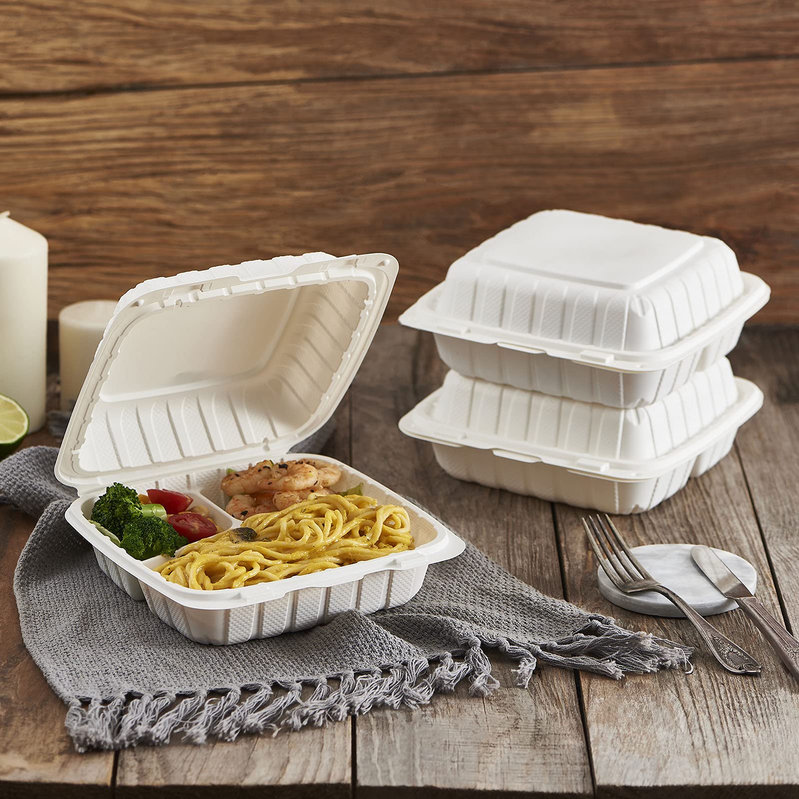 8X8" 3Compartment 50-Pack Plastic Clamshell Take Out Food Containers, Heavy Duty To-go Disposable Lunch Box For Cake, Sandwich, Salad, Dessert, Restaurant Meal Prep Packaging Catering Hinged Container