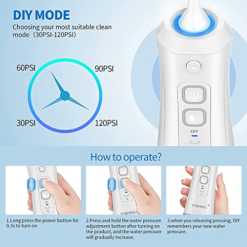 TUREWELL Water Flosser Cordless, Oral Irrigator for Teeth, Portable Waterpick with DIY Mode and 3 Replacement Jets, IPX7 Waterproof Electric Dental Flosser for Travel/Home/Braces (White)