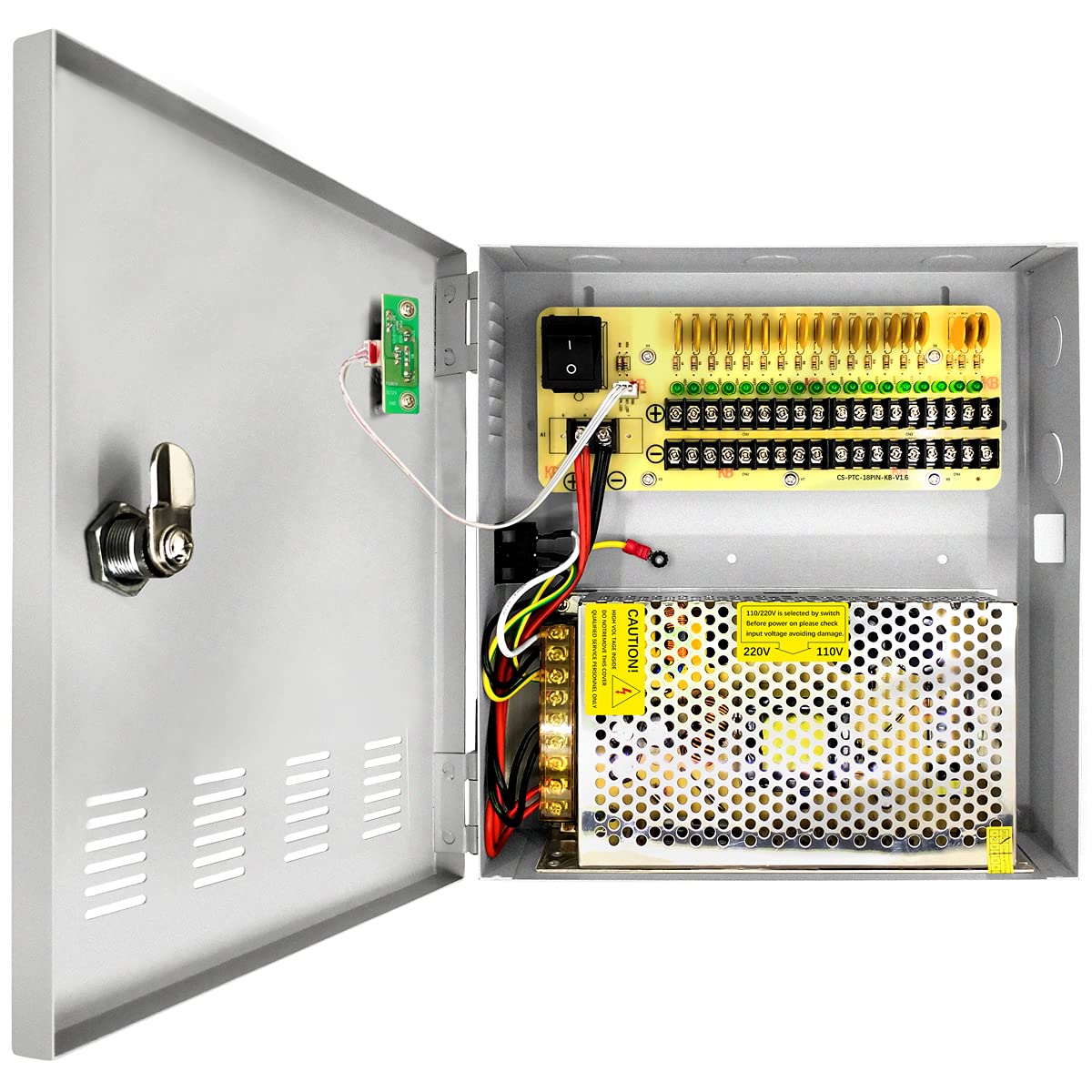 9 Channel 12 Volt DC Output 5A CCTV Distributed Power Supply Box for Security Camera with AC Plug and Lock for Security Cameras, DVRs, CCTV Power Supply (5A 9-Channel)
