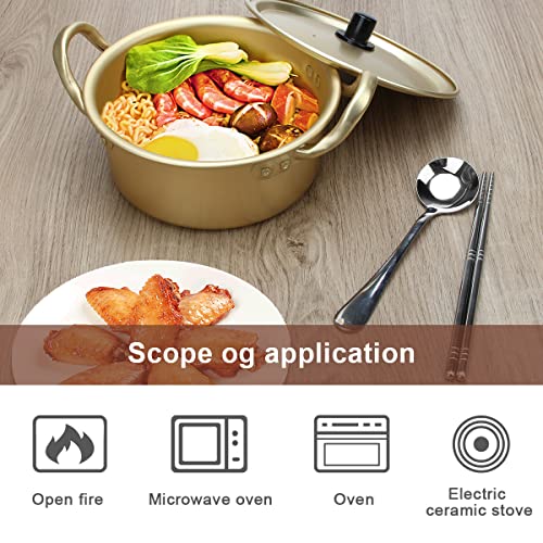 AHIER Ramen Pot, Korean Ramen Cooking Pot With Lid Spoon and Chopsticks (1pair), Korean Ramen Noodle Pot Fast Heating For Kitchen Cookware (Double handle) (6.3in)