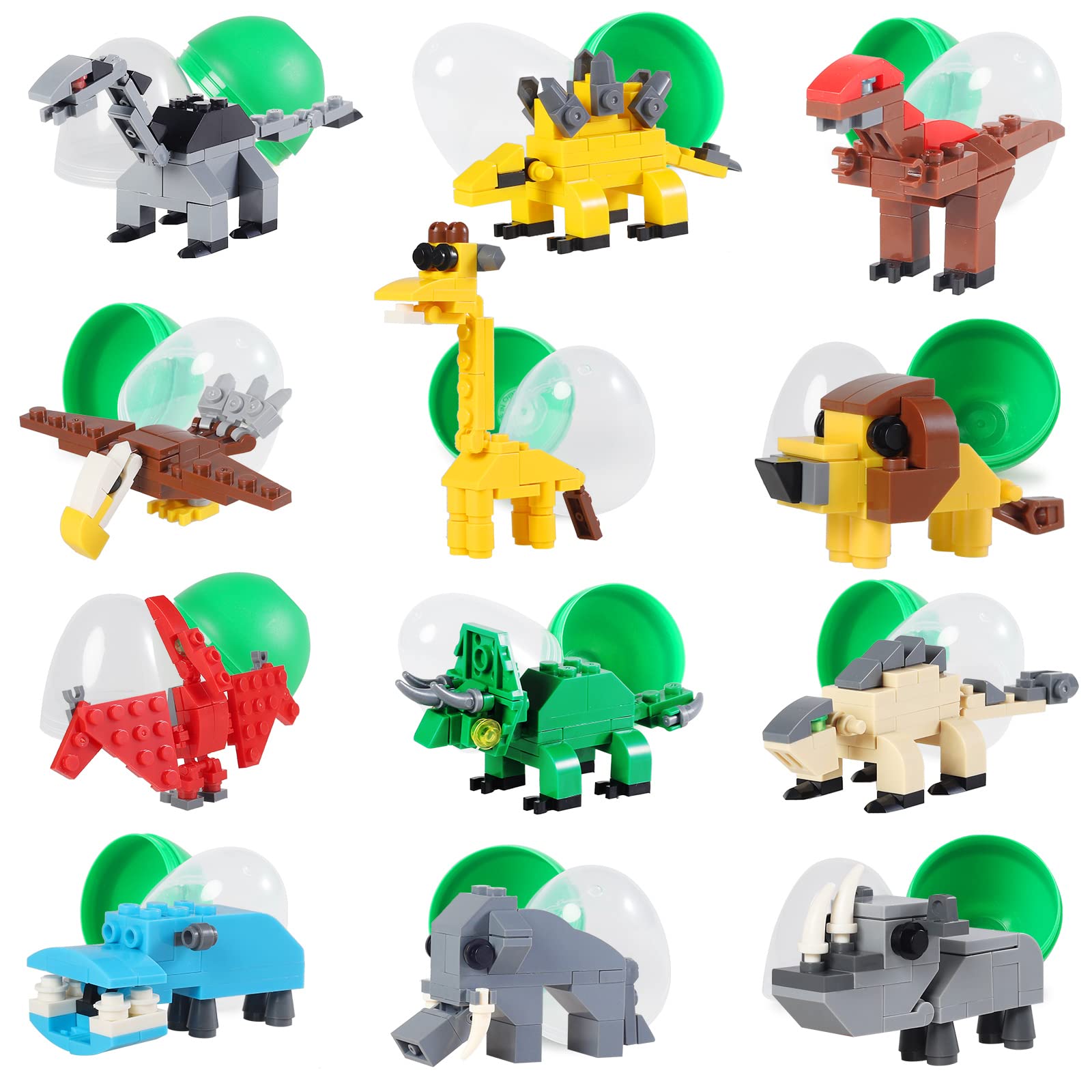 12 Pcs Pre Filled Easter Eggs with Jungle Animals Dinosaurs Building Blocks, 3.25" Eggs for Easter Basket Stuffers, Easter Party Favors, Easter Egg Hunt, Classroom Events, Science STEM Gift