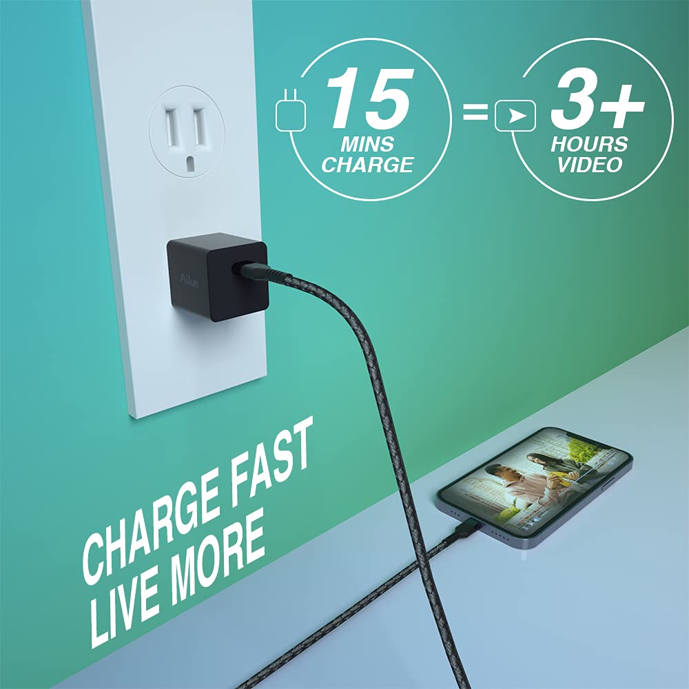 Ailun USB C Thumb Fast Wall Charger Block 20W Power Adapter 1Pack,USB C to Lightning Cable[6ft MFi Certified] 1Pack Compatible with iPhone 14/14 Pro/13/13 Pro/12/12 Pro/12 Mini/11/Airpods Pro/iPad Pro