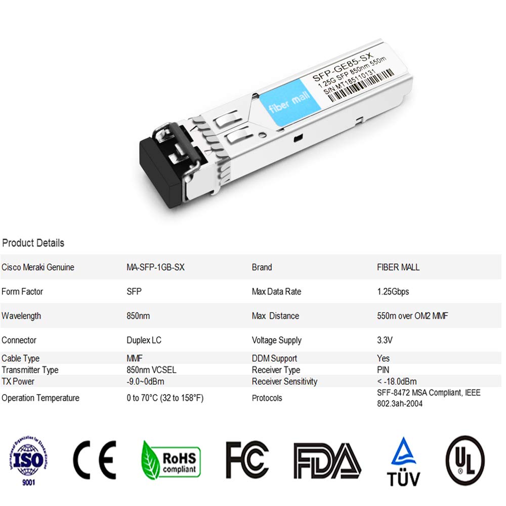 1G SFP for Cisco Meraki MA-SFP-1GB-SX 1000BASE-SX Mini-GBIC SFP MMF 850nm 550m LC DOM Transceiver Module