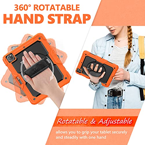 CLARKCAS Case for iPad Pro 12.9 inch Case 6th 2022 2021 5th Generation iPad Pro 12.9 Inch 2020 4th Gen with Screen Protector Pencil Holder Kids Shockproof Silicone Cover 360 Stand Hand Strap Orange