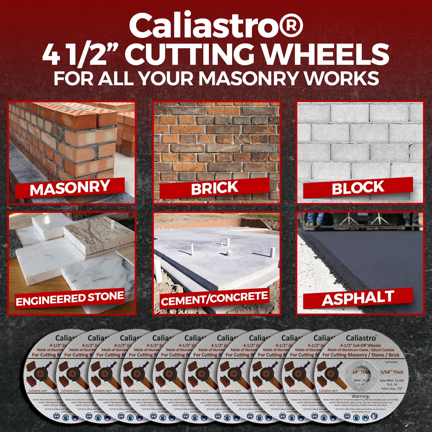 10 Pack – 4 1/2 Cut Off Wheel Concrete Grinding Wheel for Cutting Masonry Stone Brick Block - Compatible with All 4 1/2 inch Angle Grinder - Caliastro