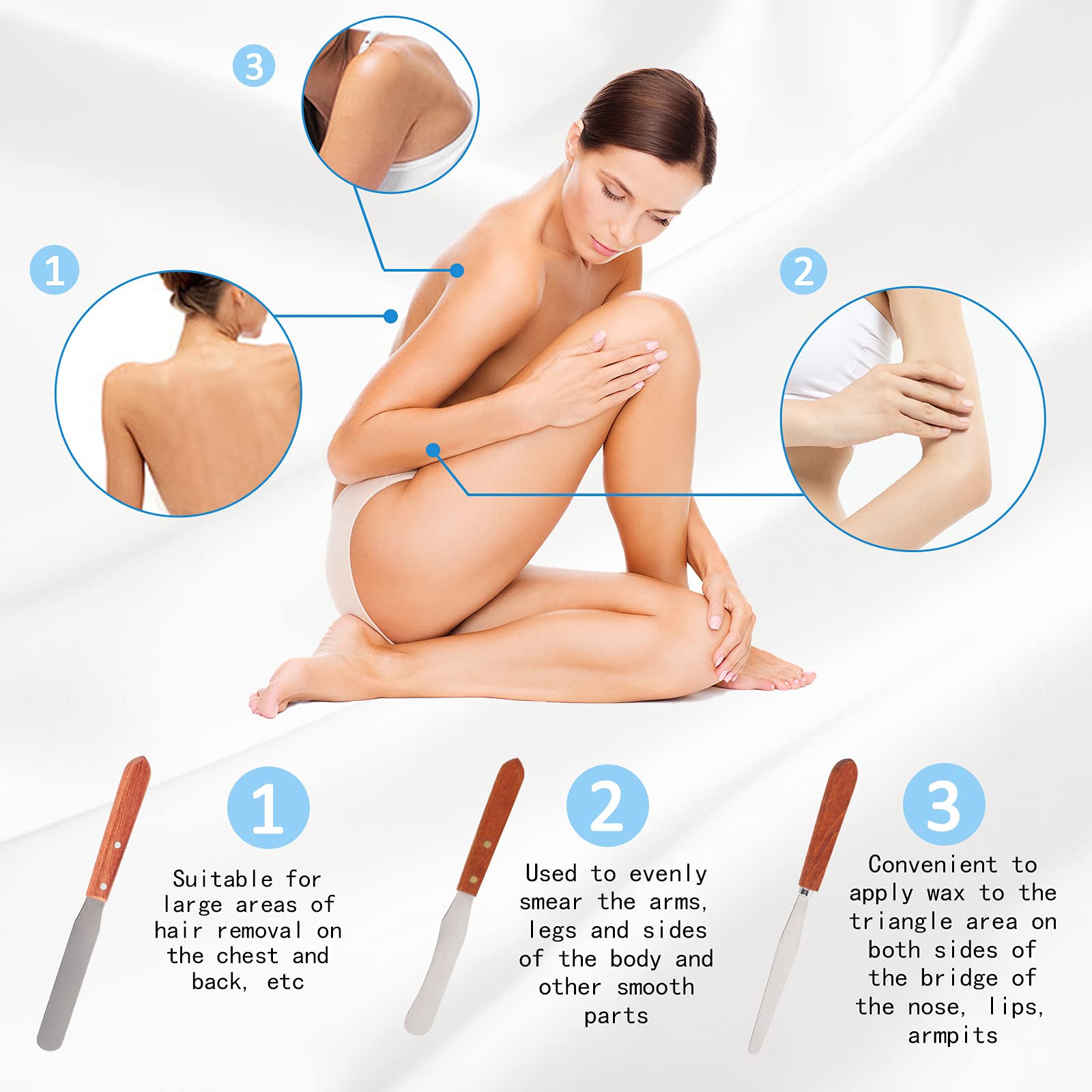 V+trys 3 PCS Stainless Steel Wax Spatulas, Straight Metal Spatulas Applicator Sticks, Reusable Wax Spatulas Applicator Body Waxing Sticks with Wooden Handle for Body Hair Eyebrow Removal