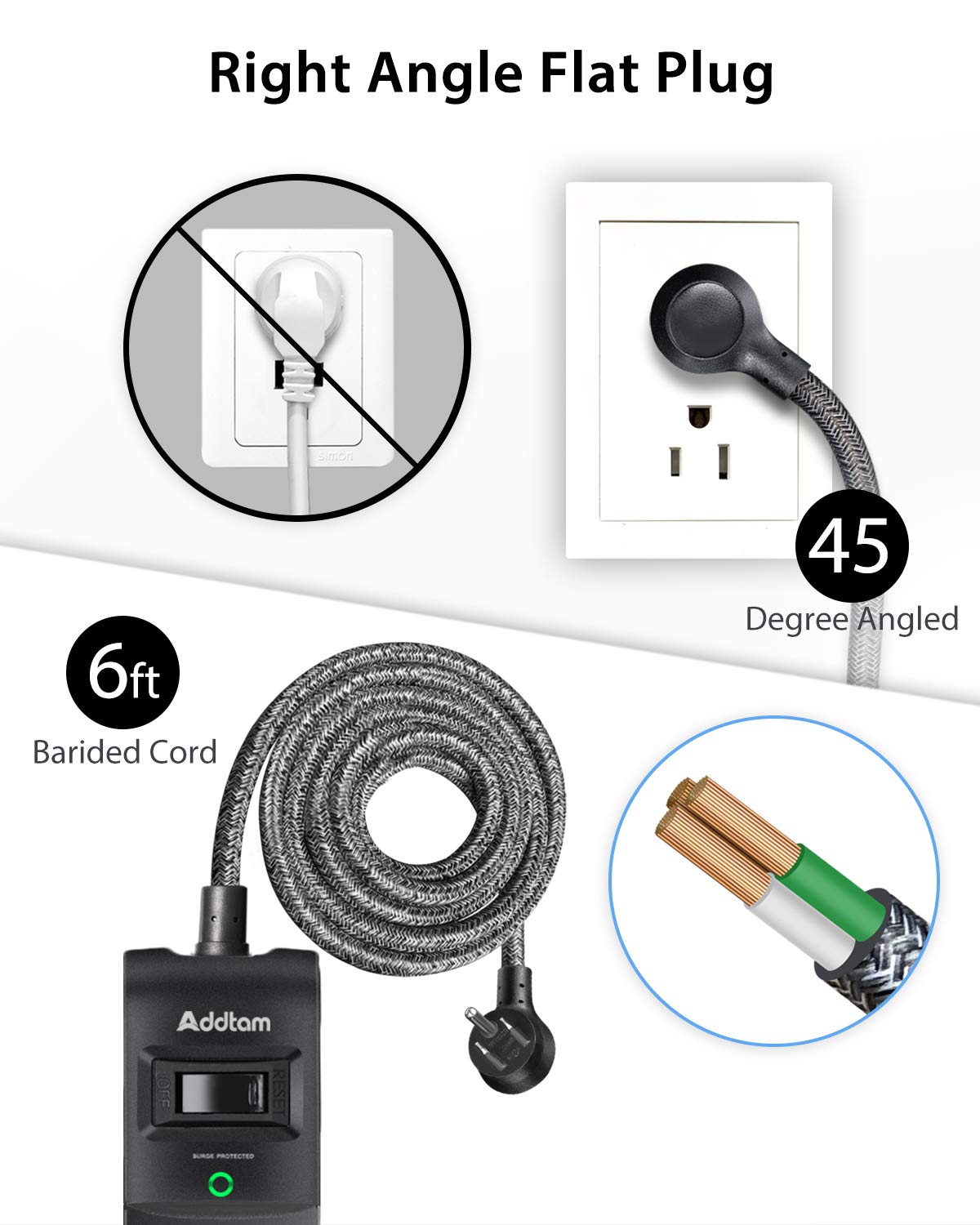 10 Ft Power Strip Surge Protector- 5 Outlets 3 USB Ports, Flat Plug Braided Extension Cord, Overload Surge Protection, Wall Mount for Hotel, Home and Office.