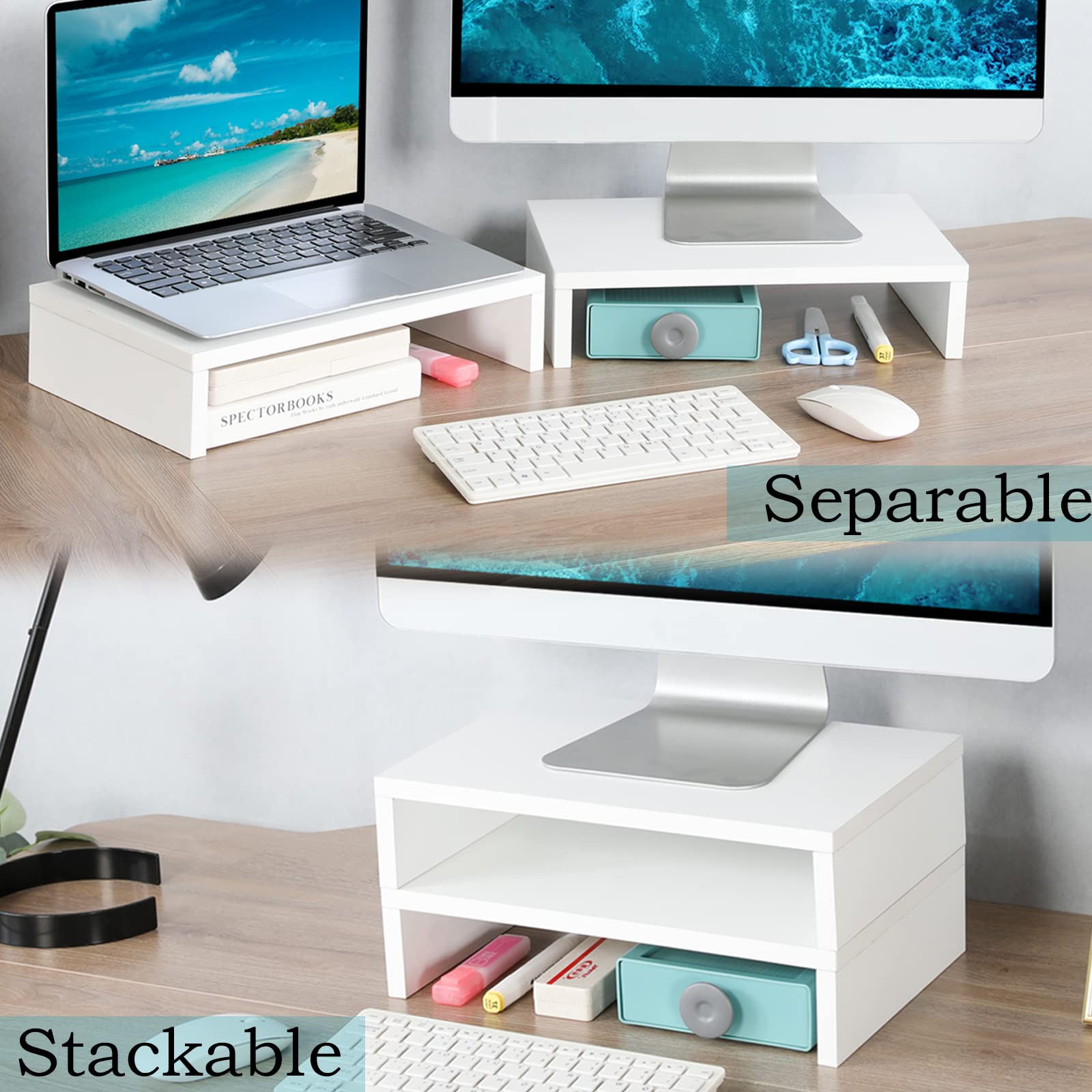 TEAMIX White Monitor Stand Riser-2 Pack,Wood 2 Tier Adjustable Dual Monitor Riser for 2 Monitors/Laptop/PC Computer Stand for Desk
