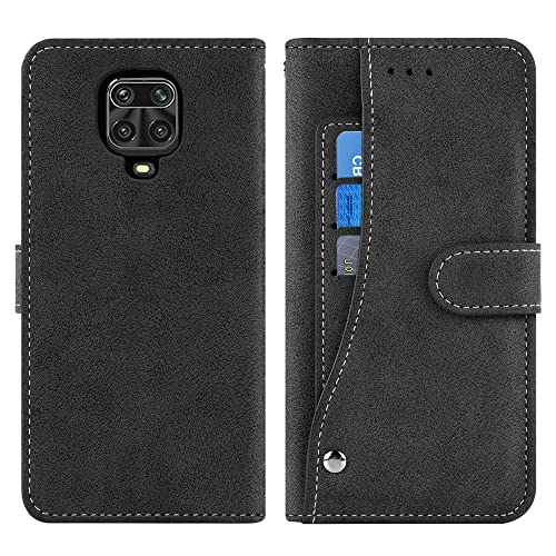 Compatible with Xiaomi Redmi Note 9s/9 Pro 4G Wallet Case and Tempered Glass Screen Protector Flip Credit Card Holder Stand Full Body Protective Phone Cover for Redme Note9 Pro Max/Poco M2 Pro Black