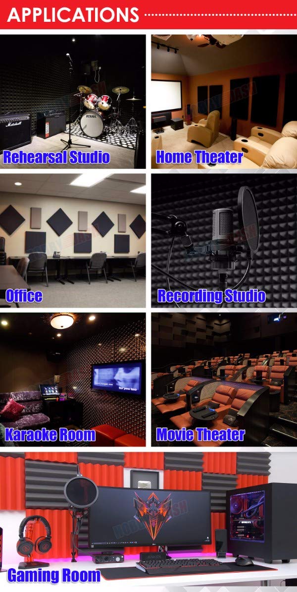 2" X 12" X 12" 24 Pack Acoustic Foam Panels, Studio Wedge Tiles Acoustic Foam Sound Absorption Wedges Studio Treatment Wall Panels (Black+Grey)